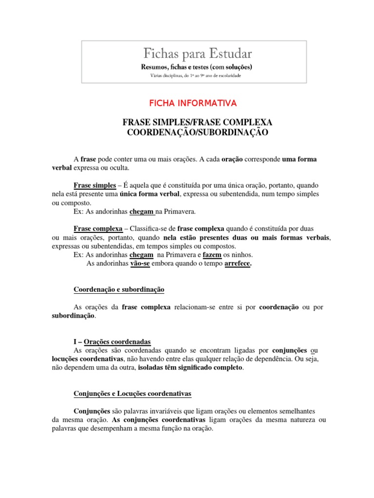 Ficha Informativa Resumo Portugues 7 Ano Frase Simples Complexa Coordenacao e Subordinacao | PDF ...