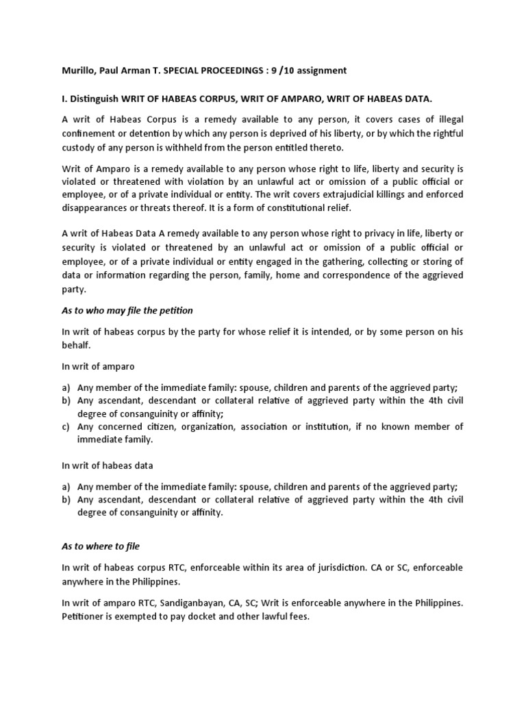 Murillo Assignment Specpro | PDF | Habeas Corpus | Contact (Law)