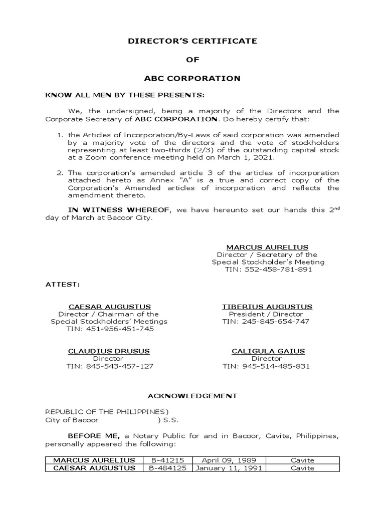 Director'S Certificate OF Abc Corporation | Download Free PDF ...