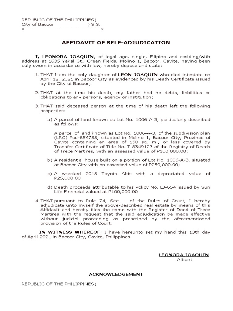 Affidavit of Self-Adjudication | PDF | Affidavit | Notary Public