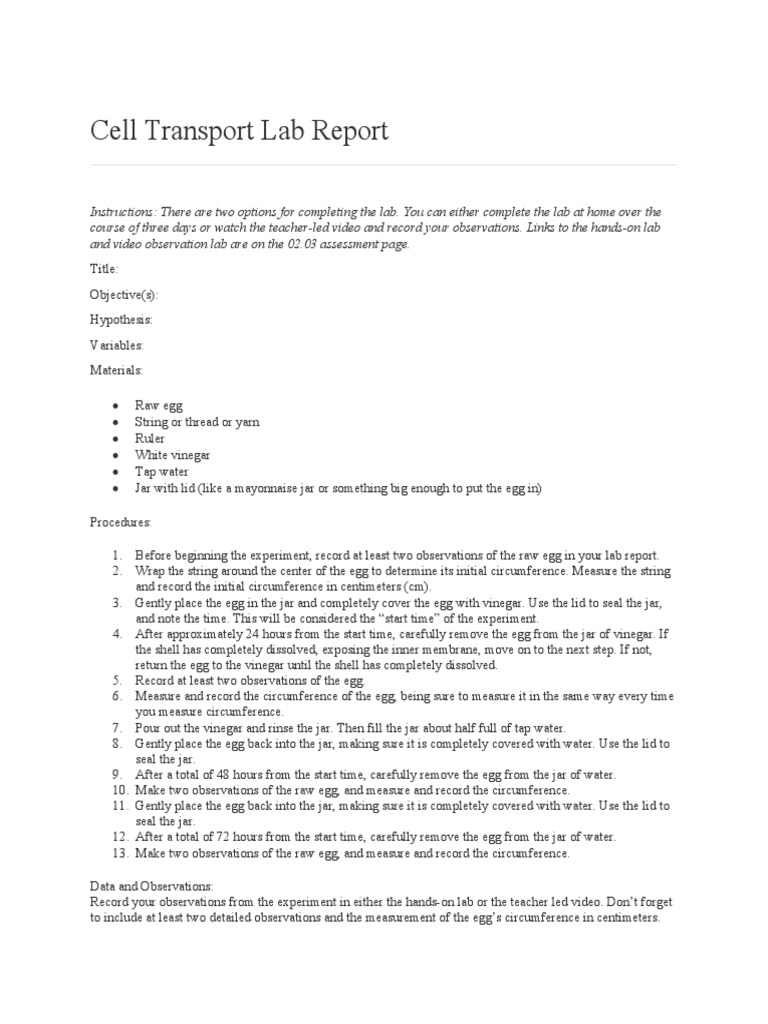 Cell Transport Lab Report | PDF | Observation | Experiment