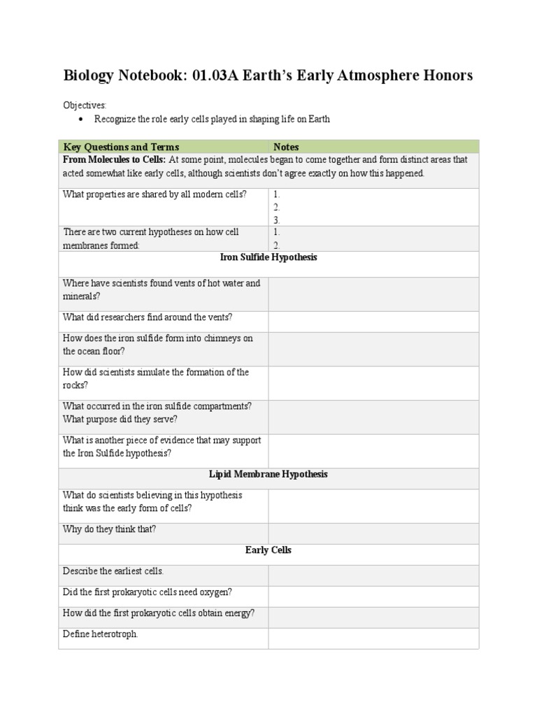 Biology Notebook: 01.03A Earth's Early Atmosphere Honors: Key Questions ...