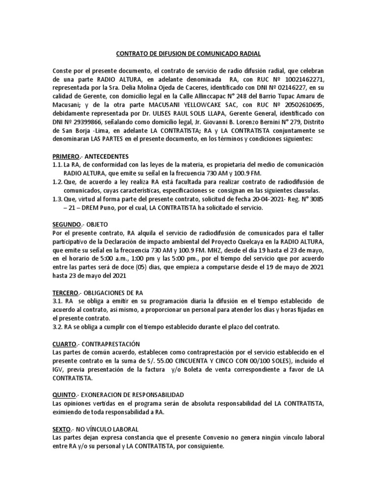 Contrato de Contrato de Difusion Radial 2 | PDF | Derecho privado ...