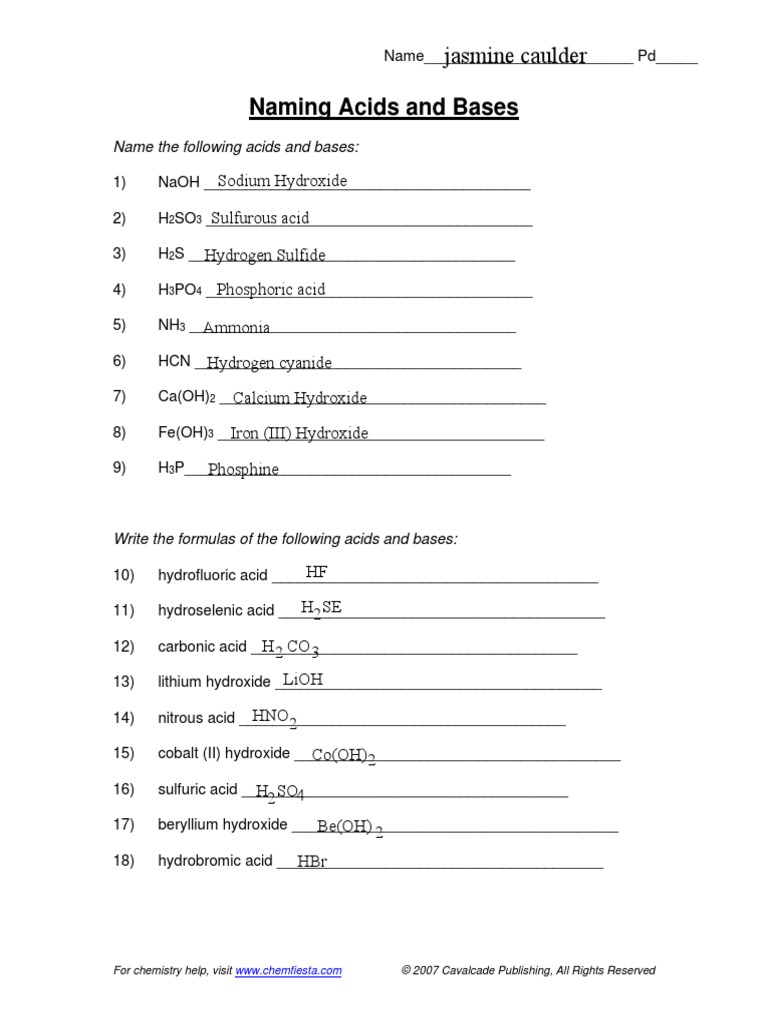Naming Acids Worksheet