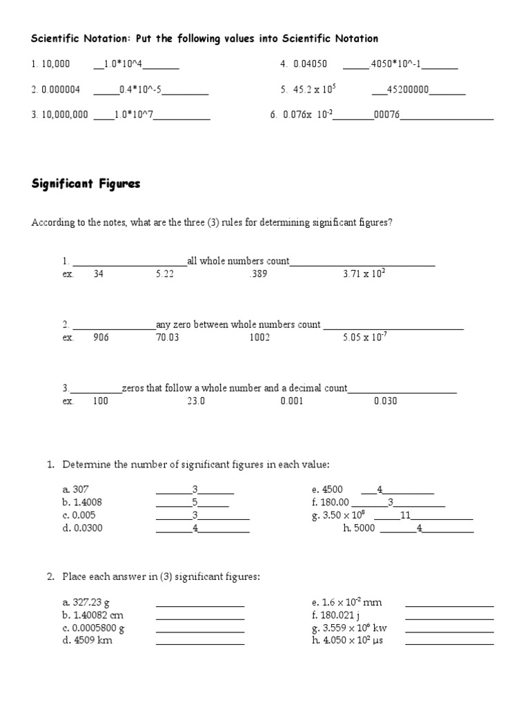 Scientific Notation and Sig Fig Practice Sheet | PDF