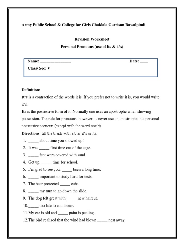Army Public School Worksheet | PDF