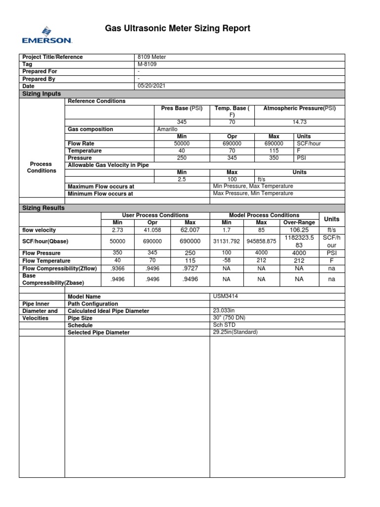 Gas Ultrasonic Meter Sizing Report | PDF