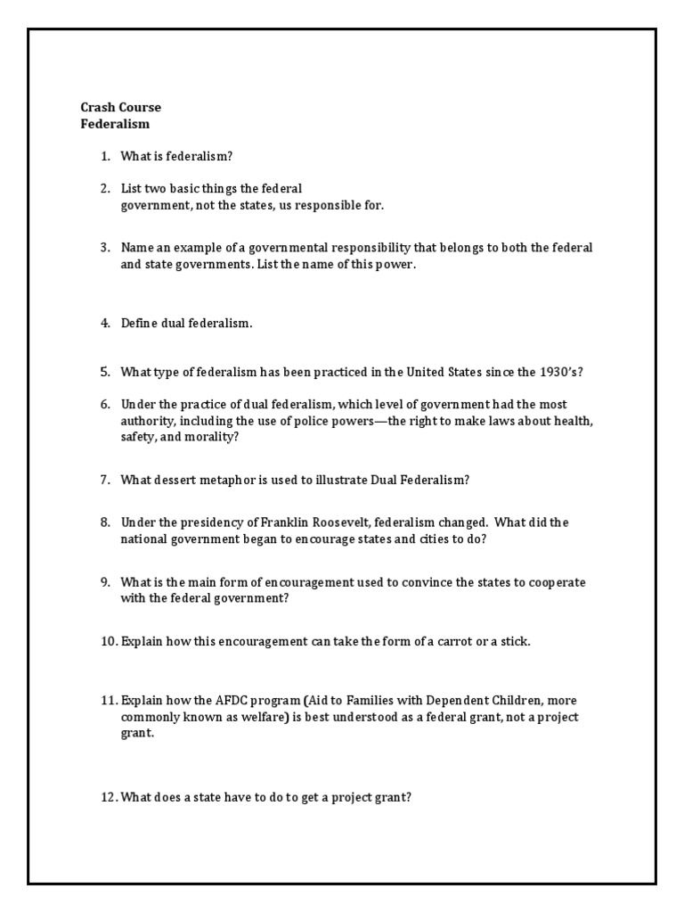 Crash Course Questons - Federalism | PDF | Federalism | Federal ...
