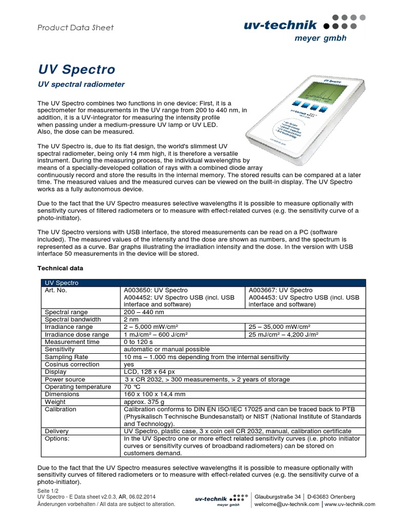 UV Spectro E Data Sheet | PDF | Ultraviolet–Visible Spectroscopy | Spectrum
