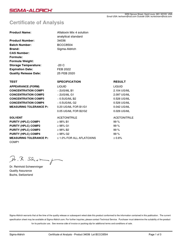 Certificate of Analysis: Aflatoxin Mix 4 Solution Analytical Standard ...