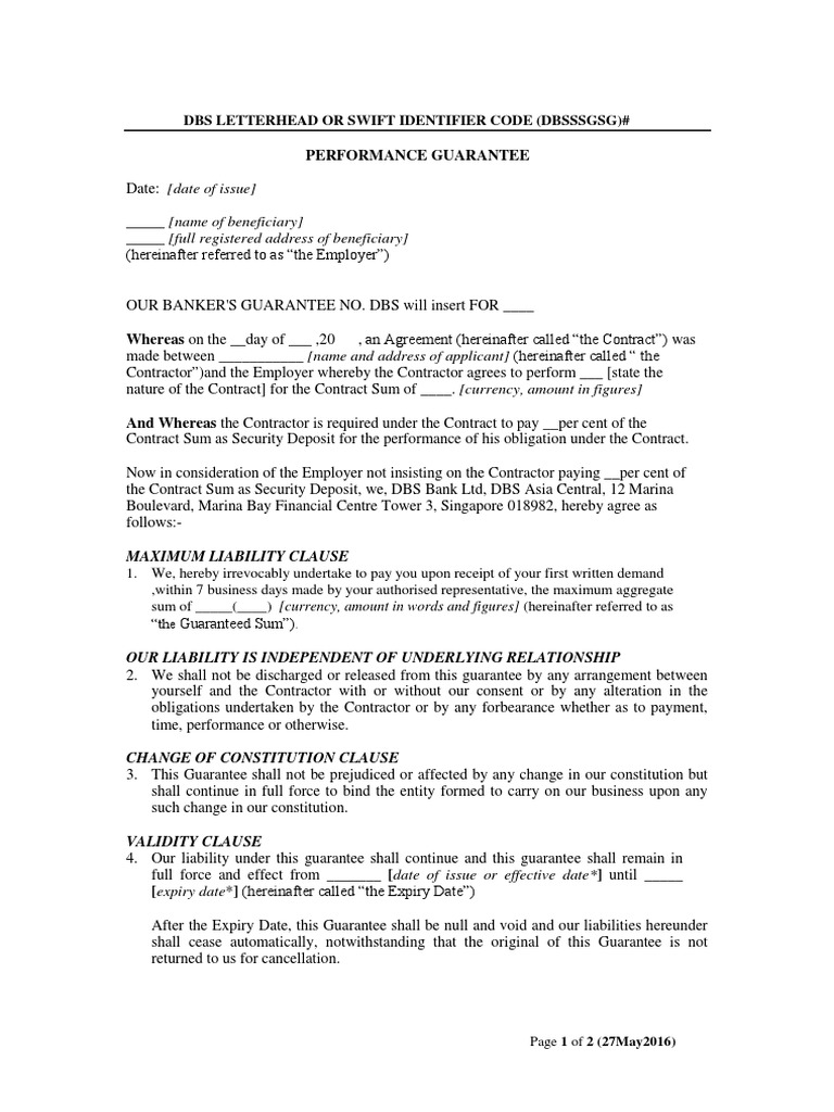Performance Guarantee: Dbs Letterhead or Swift Identifier Code ...