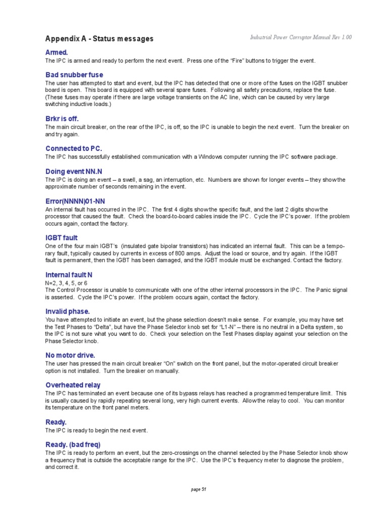 Appendix A - Status Messages: Armed. Bad Snubber Fuse | PDF | Power ...