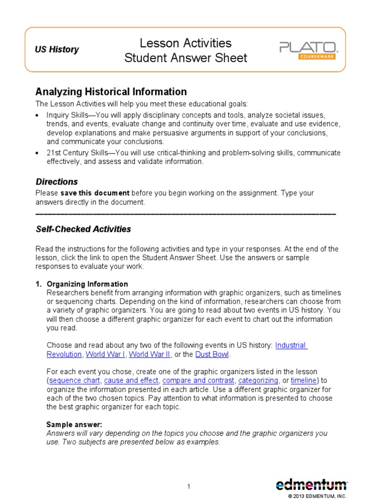 Student Answer Sheet: Lesson Activities | PDF | American Civil War ...