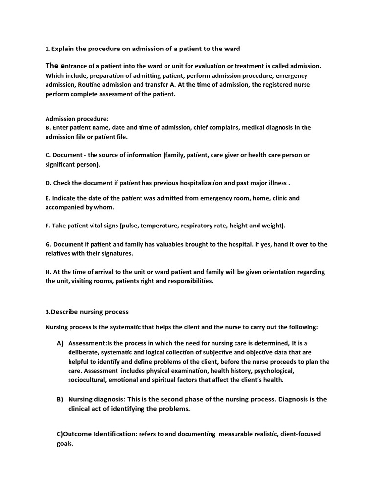 The E: Explain The Procedure On Admission of A Patient To The Ward ...