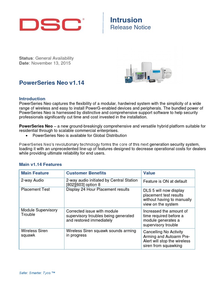 Nov - 2015 - DSC Release Notice - PowerSeries Neo - v1 14 - Global Dist | PDF | Security Alarm ...