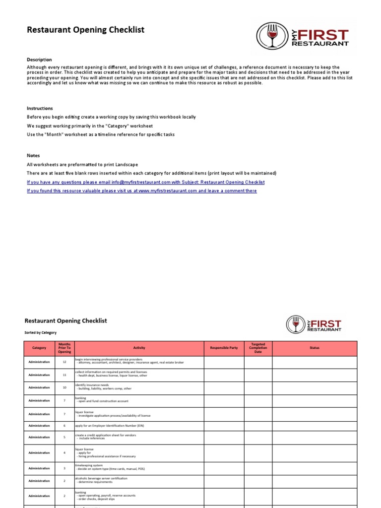 Restaurant Opening Checklist: Description | Download Free PDF | Menu ...