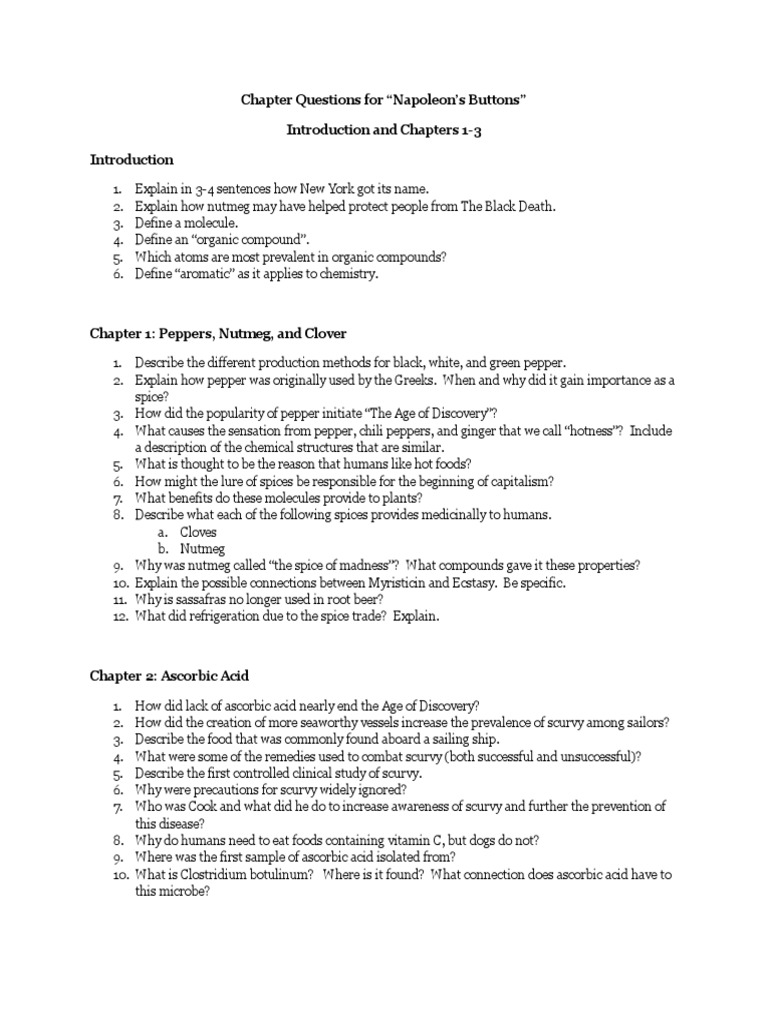 Chapter Questions for Napoleon's Buttons | PDF | Taste | Sucrose