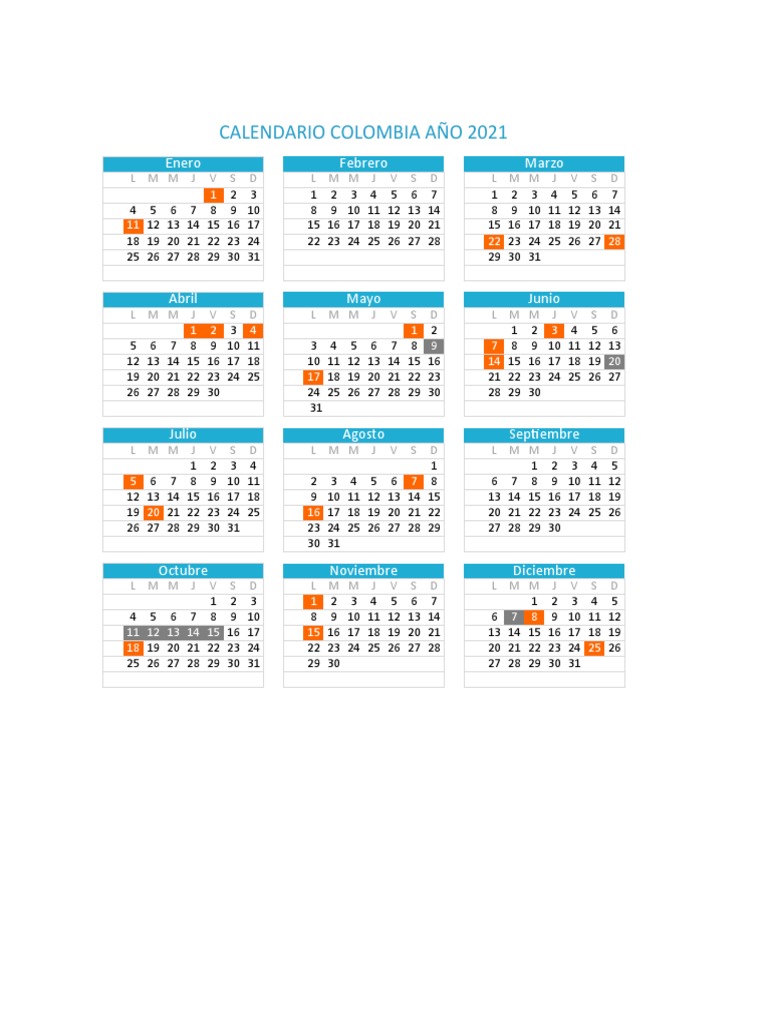 Calendario 2021 Colombia con Festivos | PDF | Violencia | Agitación