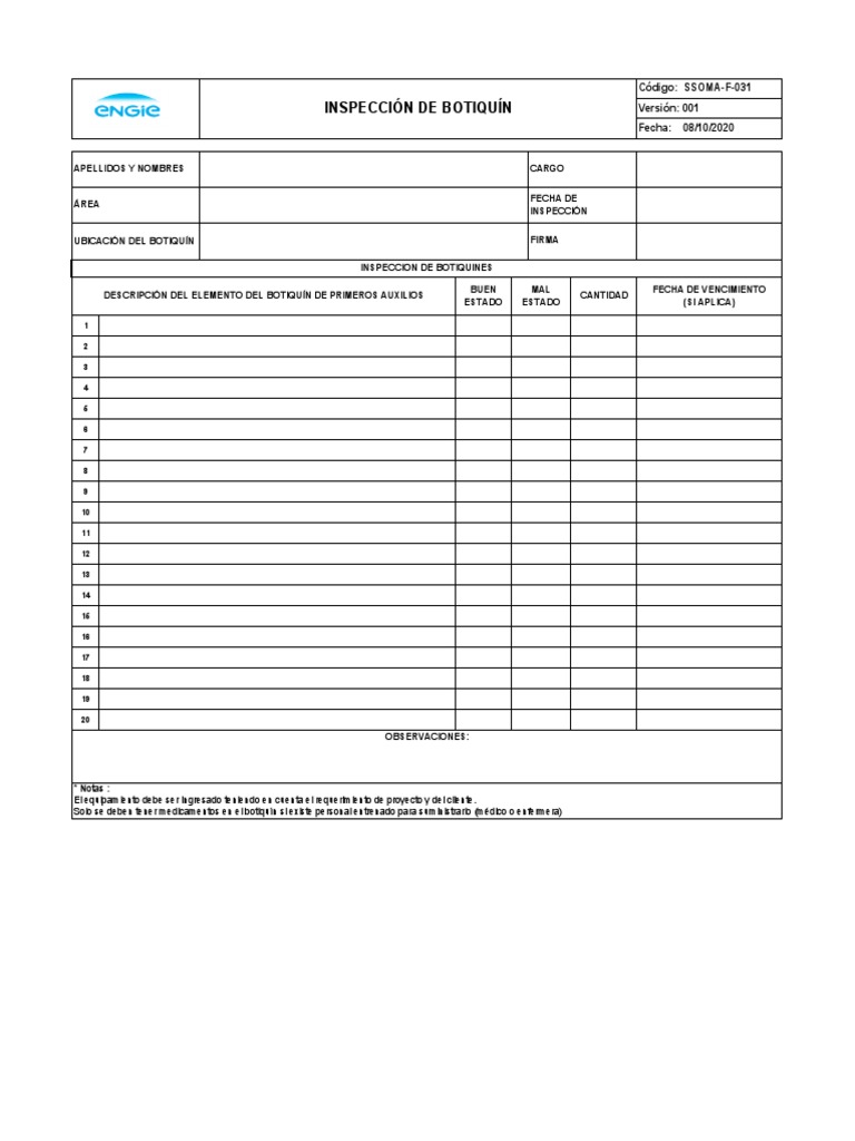 SSOMA-F-031-001 Inspección de Botiquín | PDF SSOMA-F-031-001 Inspección de Botiquín | PDF