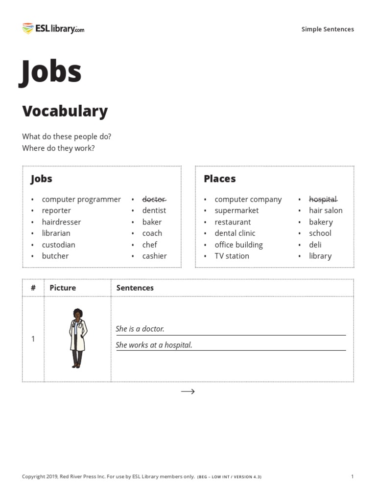 Jobs - Simple Sentences - ESL Library | PDF | Restaurant And Catering ...