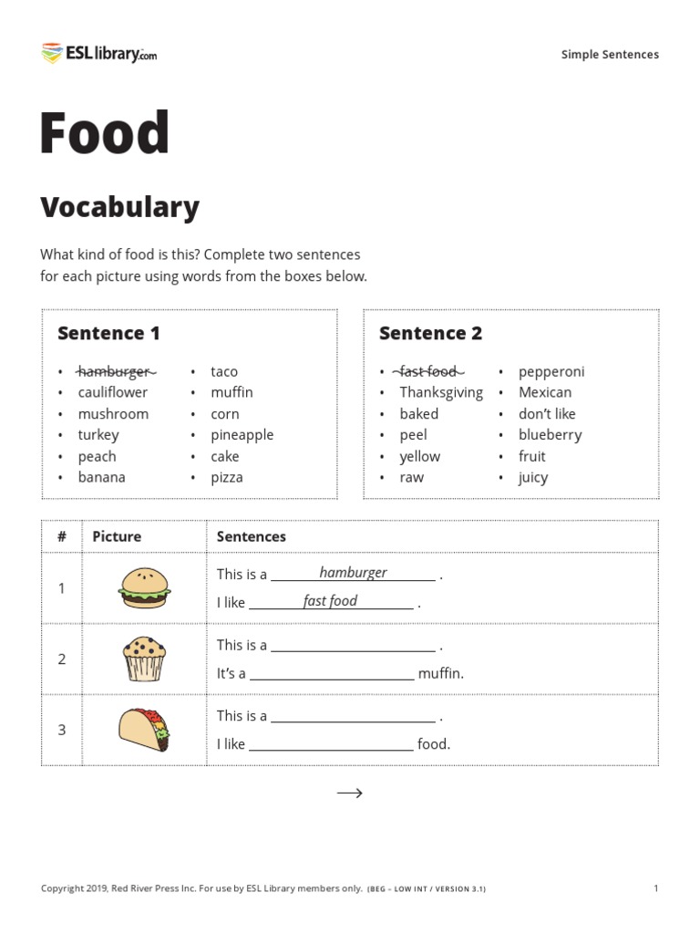 Food - Simple Sentences - ESL Library | PDF | Chinese Cuisine | Meal