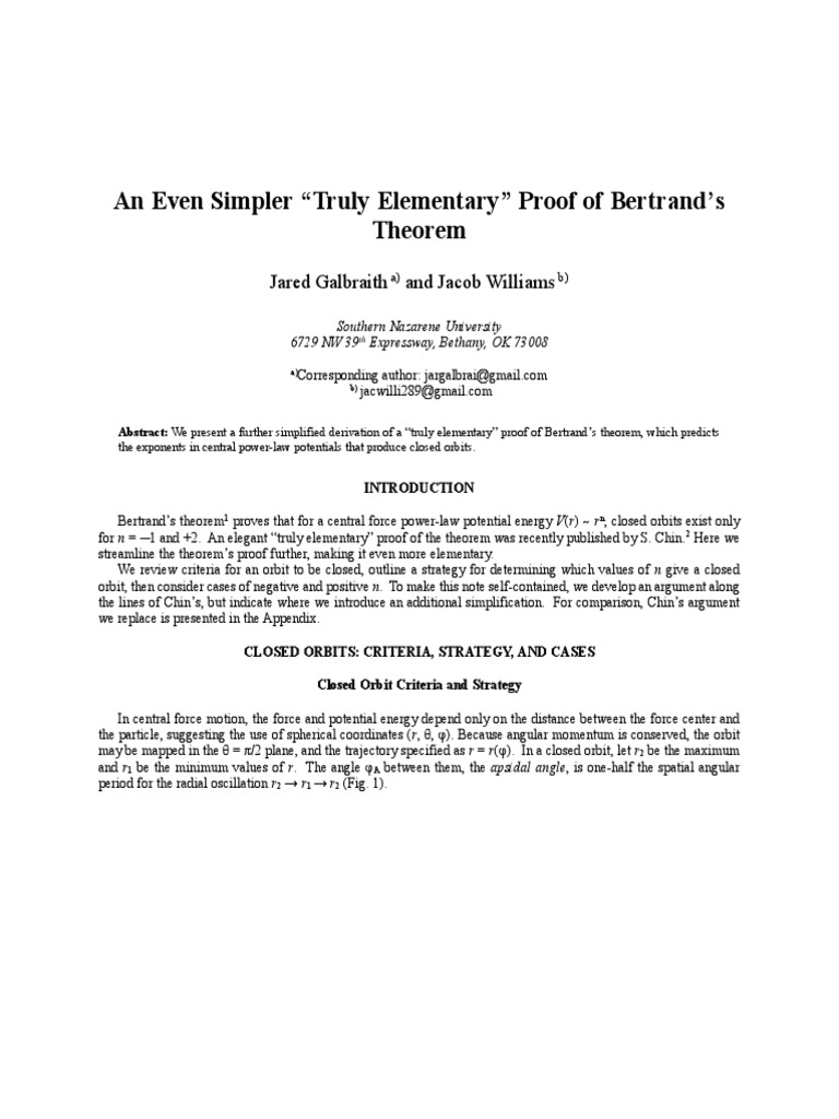 Bertrand's Theorem - Final | PDF | Orbit | Mathematical Analysis