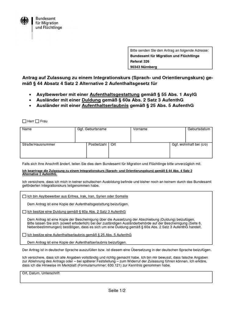 Antrag Zulassung Integrationskurs Ausl | PDF
