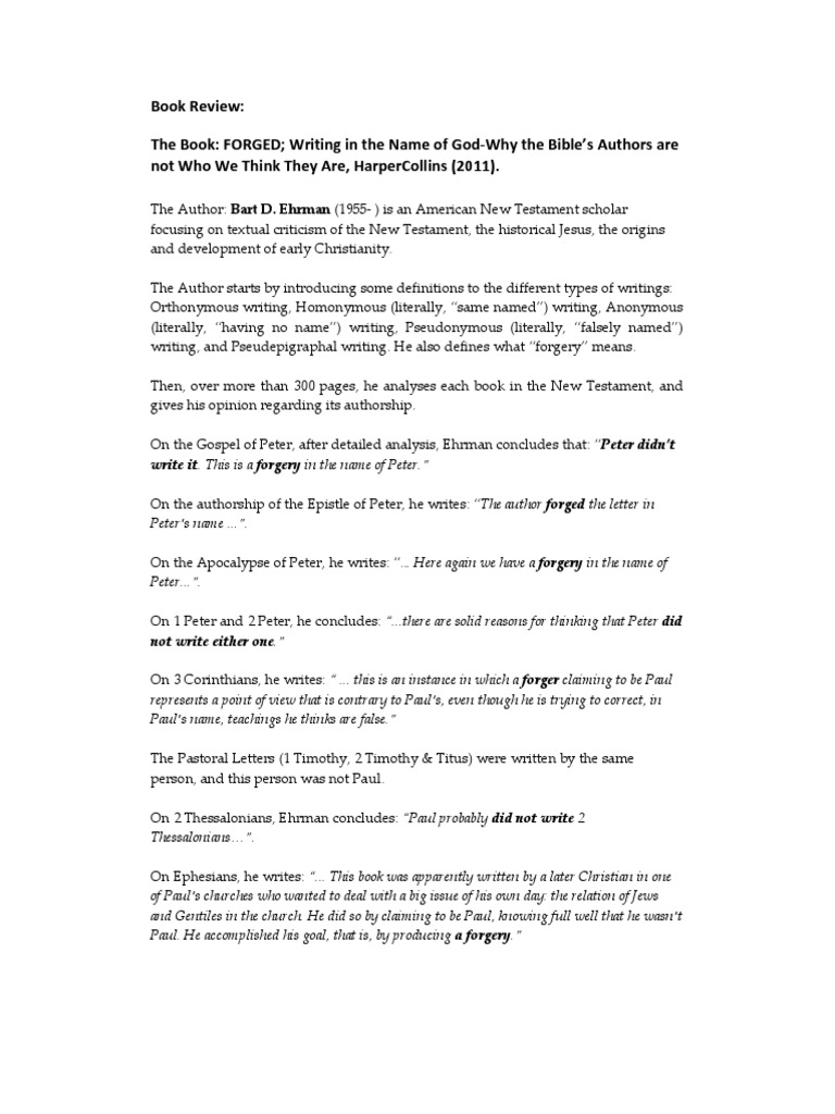 Book Review - Ehrman, FORGED, Writing in The Name of God (2011) | PDF | Paul The Apostle | New ...