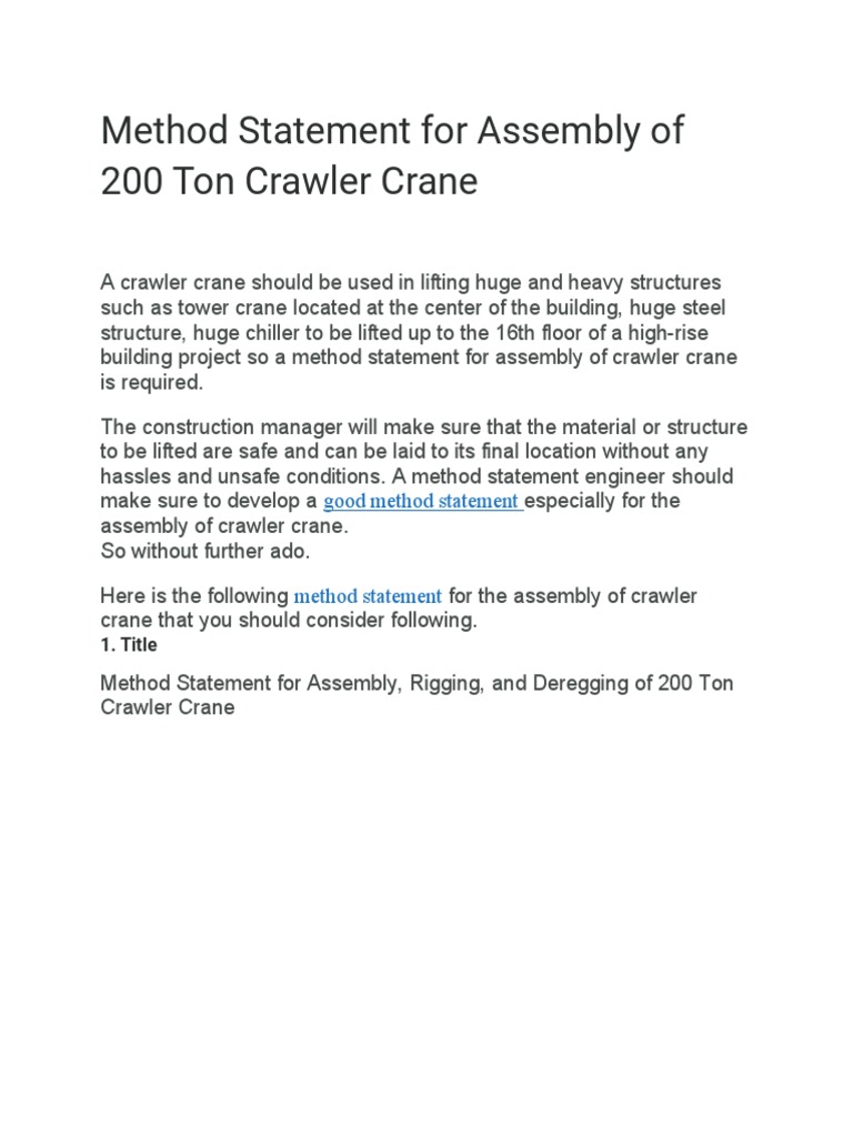 Method Statement For Assembly of 200 Ton Crawler Crane | PDF | Crane ...