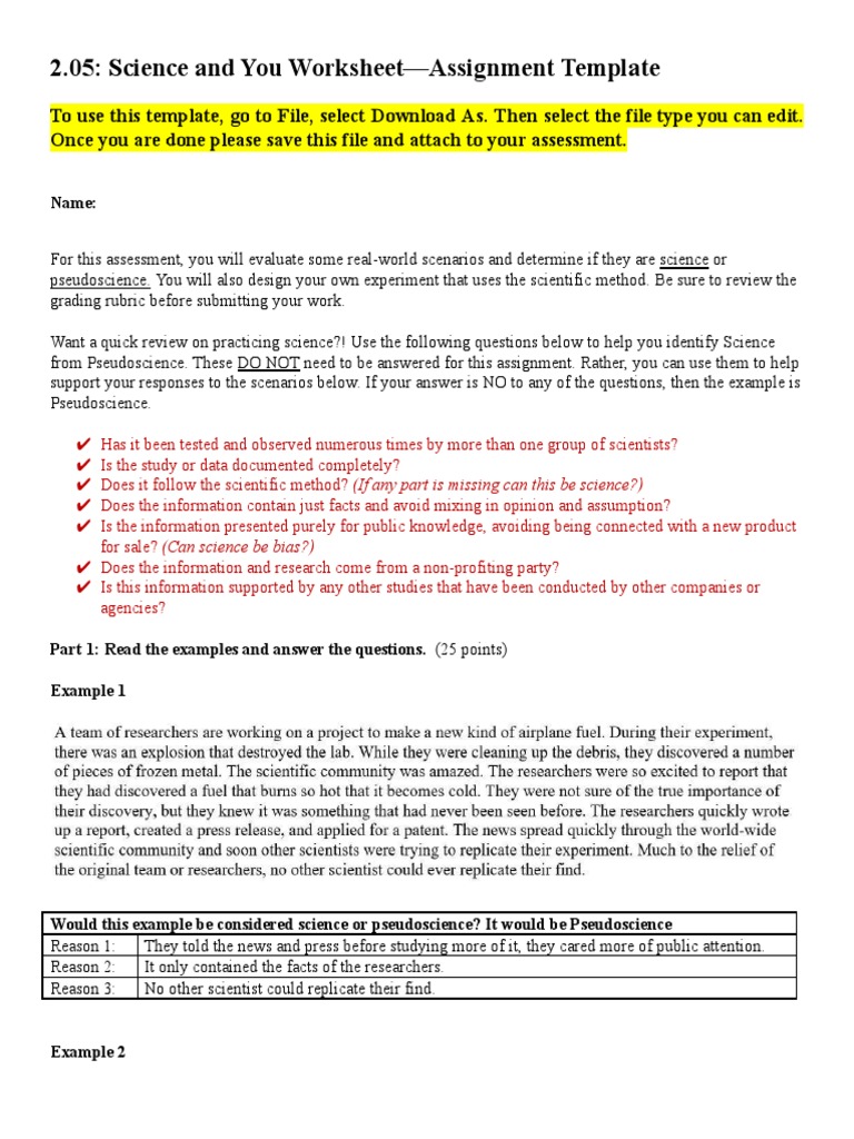 2.05: Science and You Worksheet-Assignment Template | PDF | Experiment ...