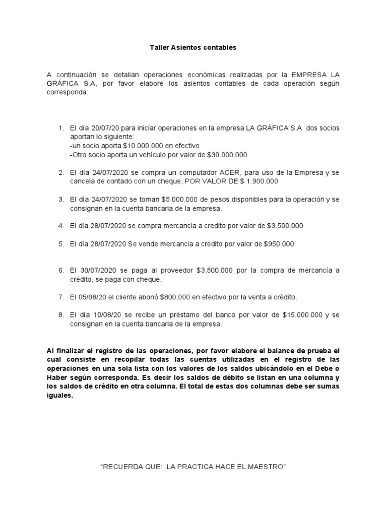 Taller Asientos Contables | PDF Taller Asientos Contables | PDF