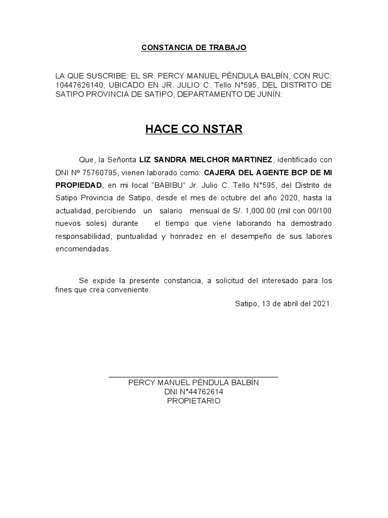 Constancia De Trabajo Choferr Pdf