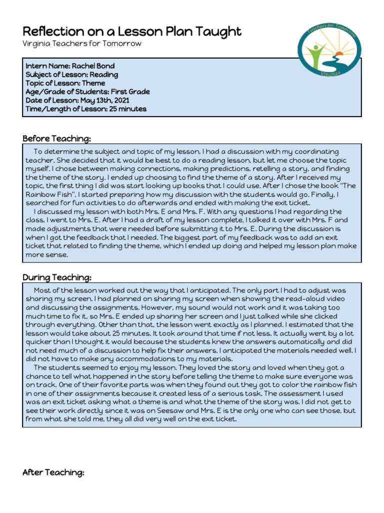 Reflection On A Lesson Plan Taught: Before Teaching | PDF | Lesson Plan ...