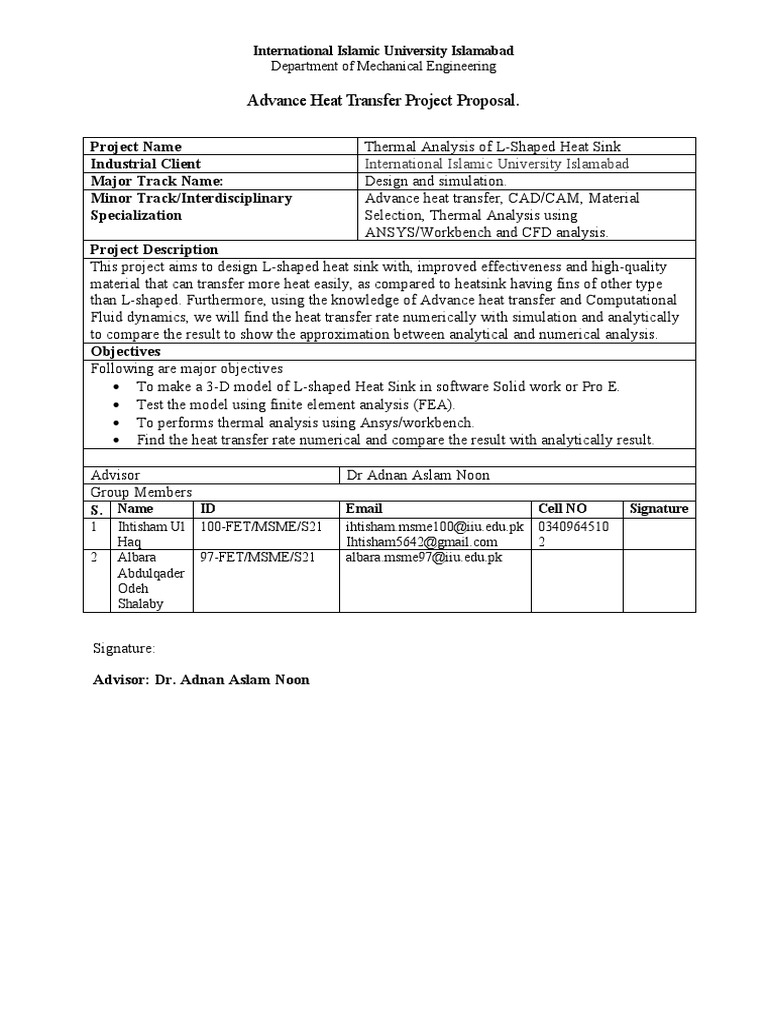 Advance Heat Transfer Project Proposal | PDF | Art | Technology ...