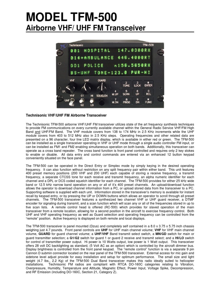 Model Tfm-500: Airborne VHF/ UHF FM Transceiver | PDF | Very High ...