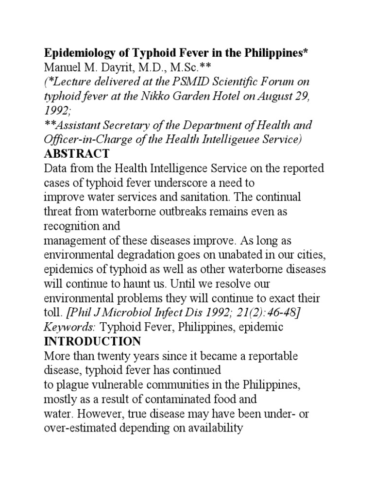 Epidemiology Of Typhoid Fever In The Philippines Continued Threat From