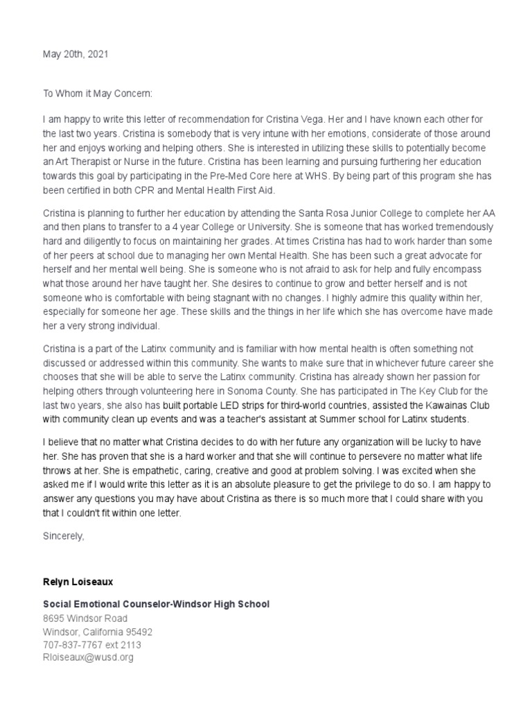 Letter of Rec For Cristina | PDF | Mental Health | Applied Psychology