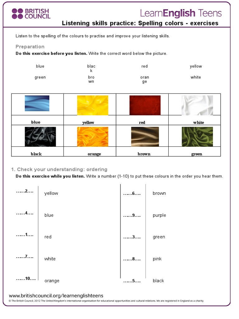 Spelling Colours - Exercises 1 | PDF