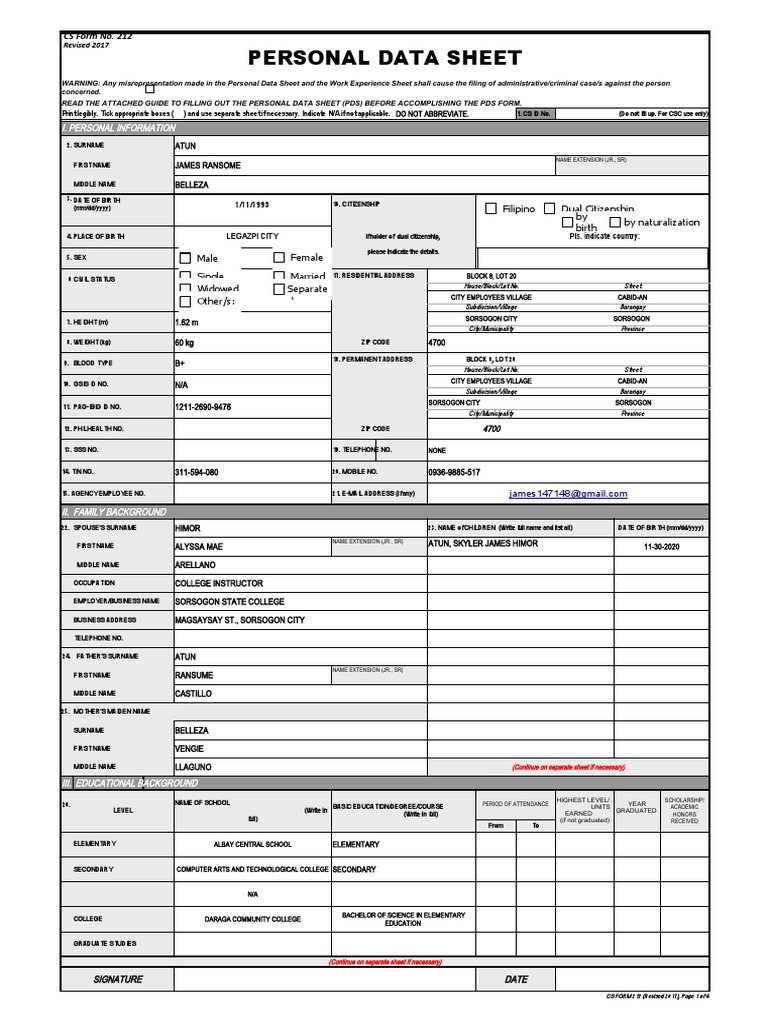 CS Form No. 212 Personal Data Sheet Revised | PDF | Crime & Violence ...