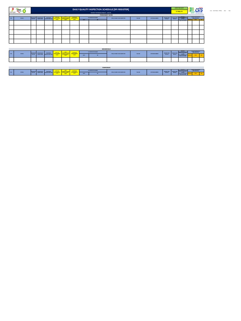 Daily Quality Inspection Schedule (Rfi Register) : 17-May-21 Permanent ...