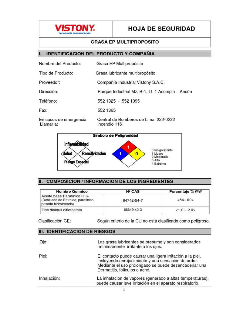 Grasa Ep 2 Lithium Multiproposito Vistony - Hoja de Seguridad | PDF | Agua | Combustión