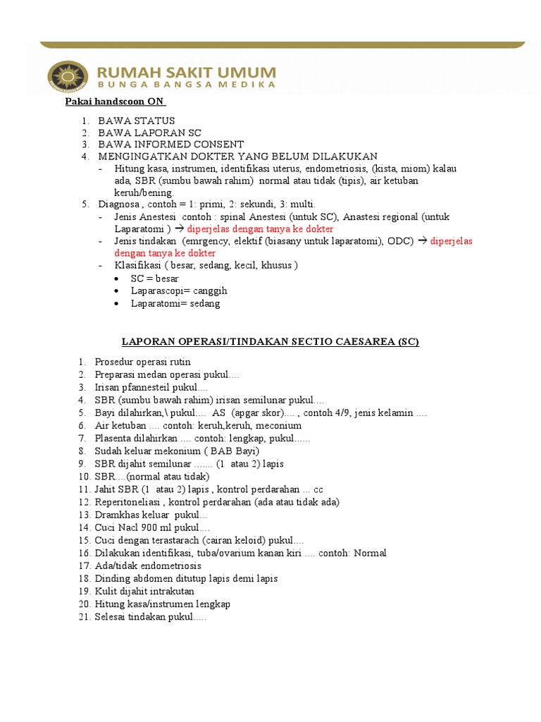 Laporan Operasi Sectio Caesarea | PDF