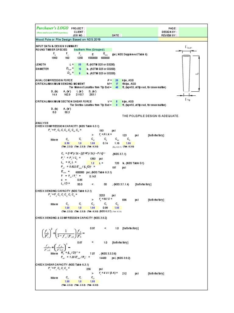 Wood Pole or Pile Design Based On NDS 2018: Input Data & Design Summary ...