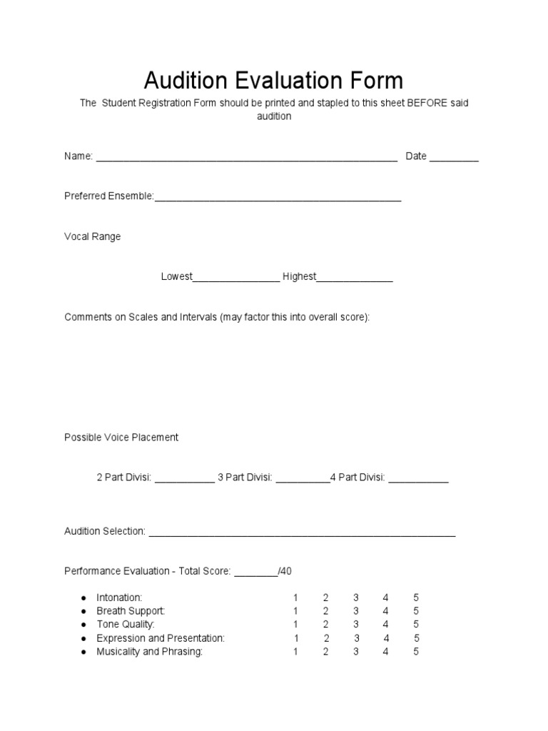 Audition Evaluation Form Template | PDF