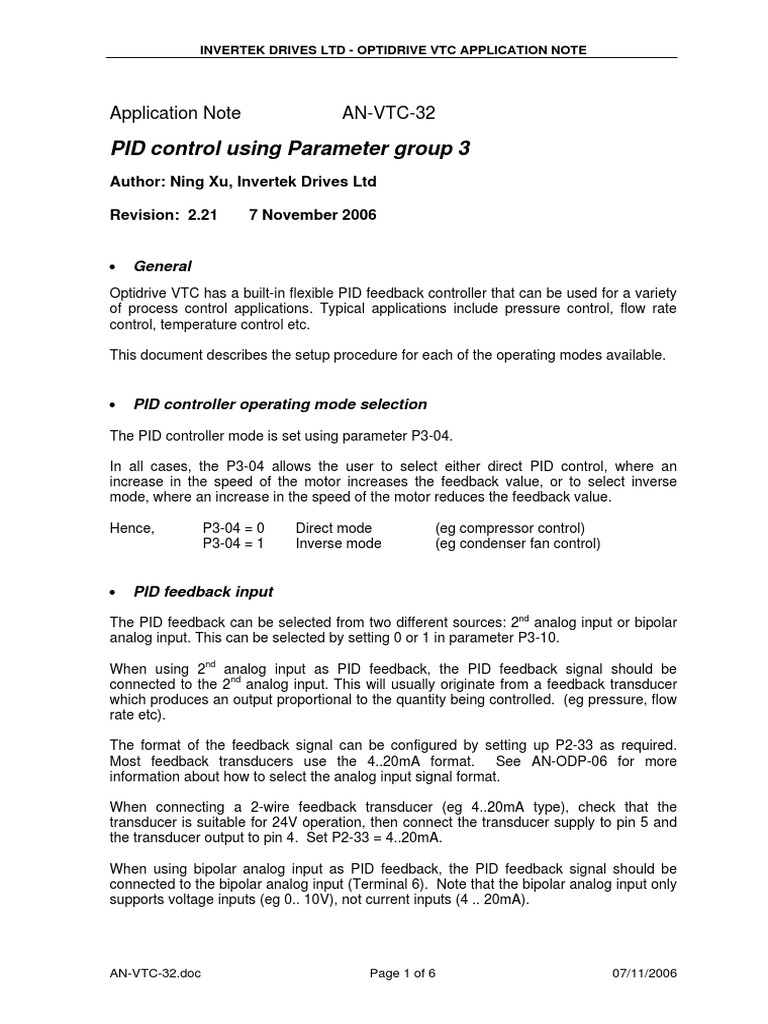 PID Control Using Parameter Group 3: Application Note AN-VTC-32 | PDF ...