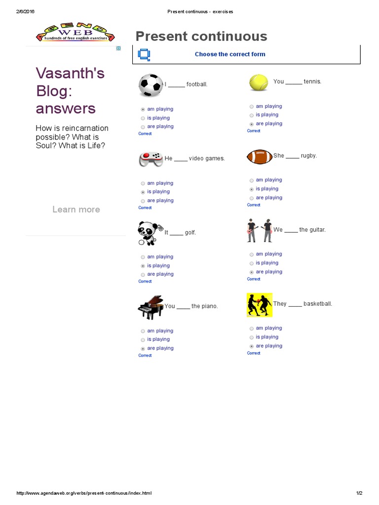Vasanth's Blog: Answers: Present Continuous | PDF