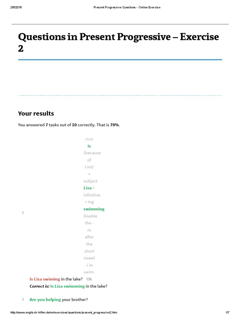 Questions in Present Progressive - Exercise 2: Your Results | PDF ...