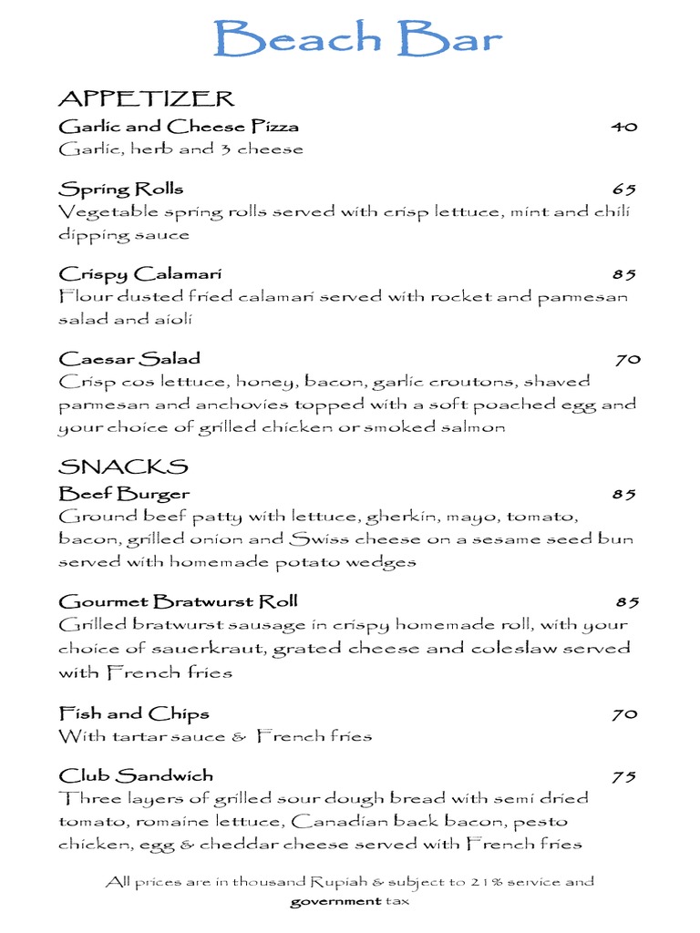 Beach Bar Menu: Appetizers, Mains, Desserts | PDF | Indonesian Cuisine ...