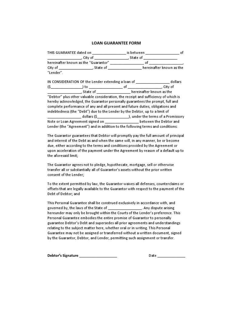 Loan Guarantee Form: Debtor S Signat Re - Date | PDF | Guarantee | Loans