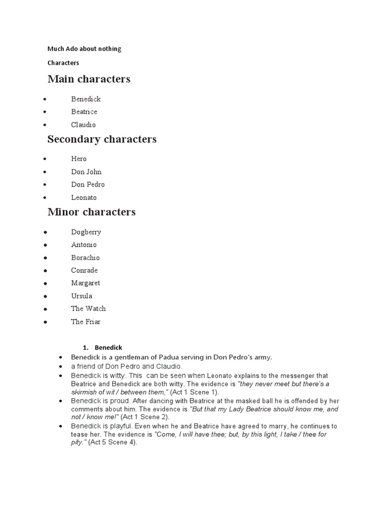 Much Ado About Nothing Characters | PDF | Much Ado About Nothing ...